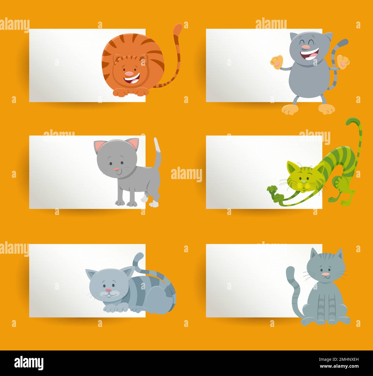 Cartoon illustration of cats with white cards or boards greeting or ...