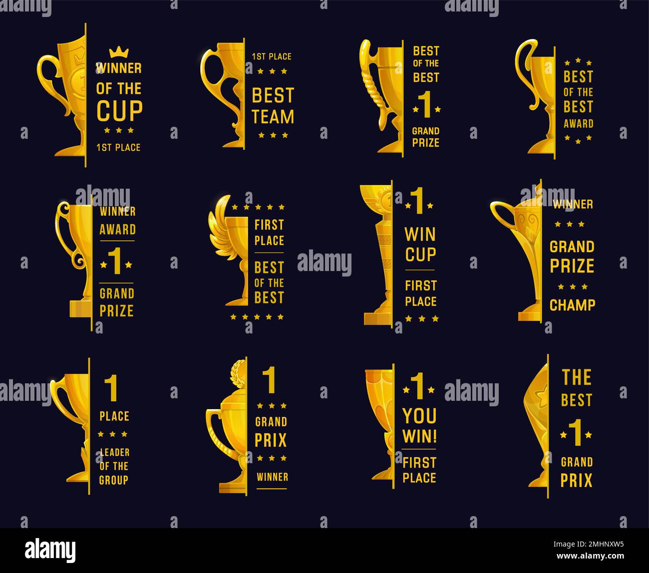 Winner and first place labels with golden trophy bowl. Competition ...