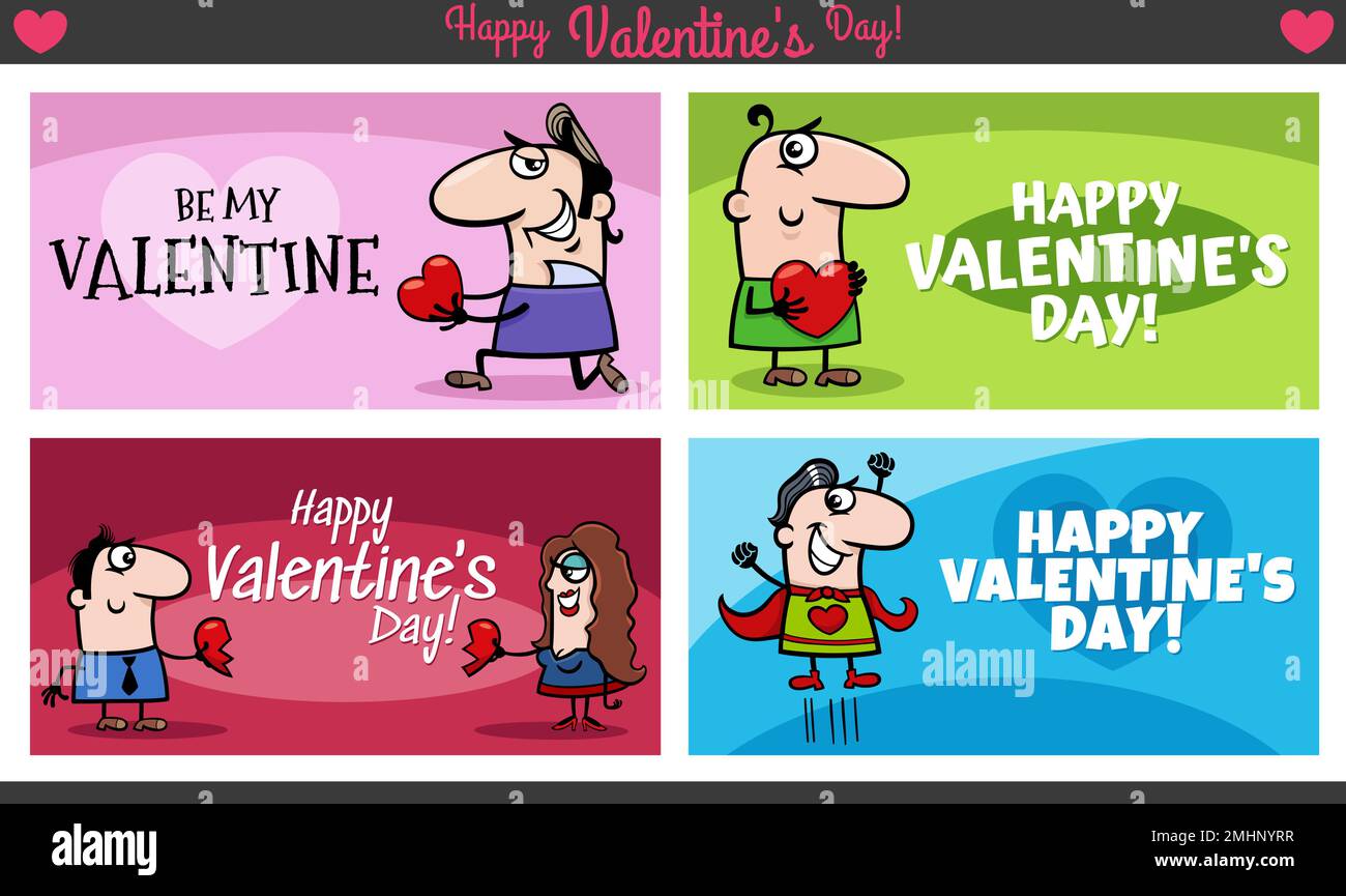 Valentines Day greeting card designs set with comic characters in love ...