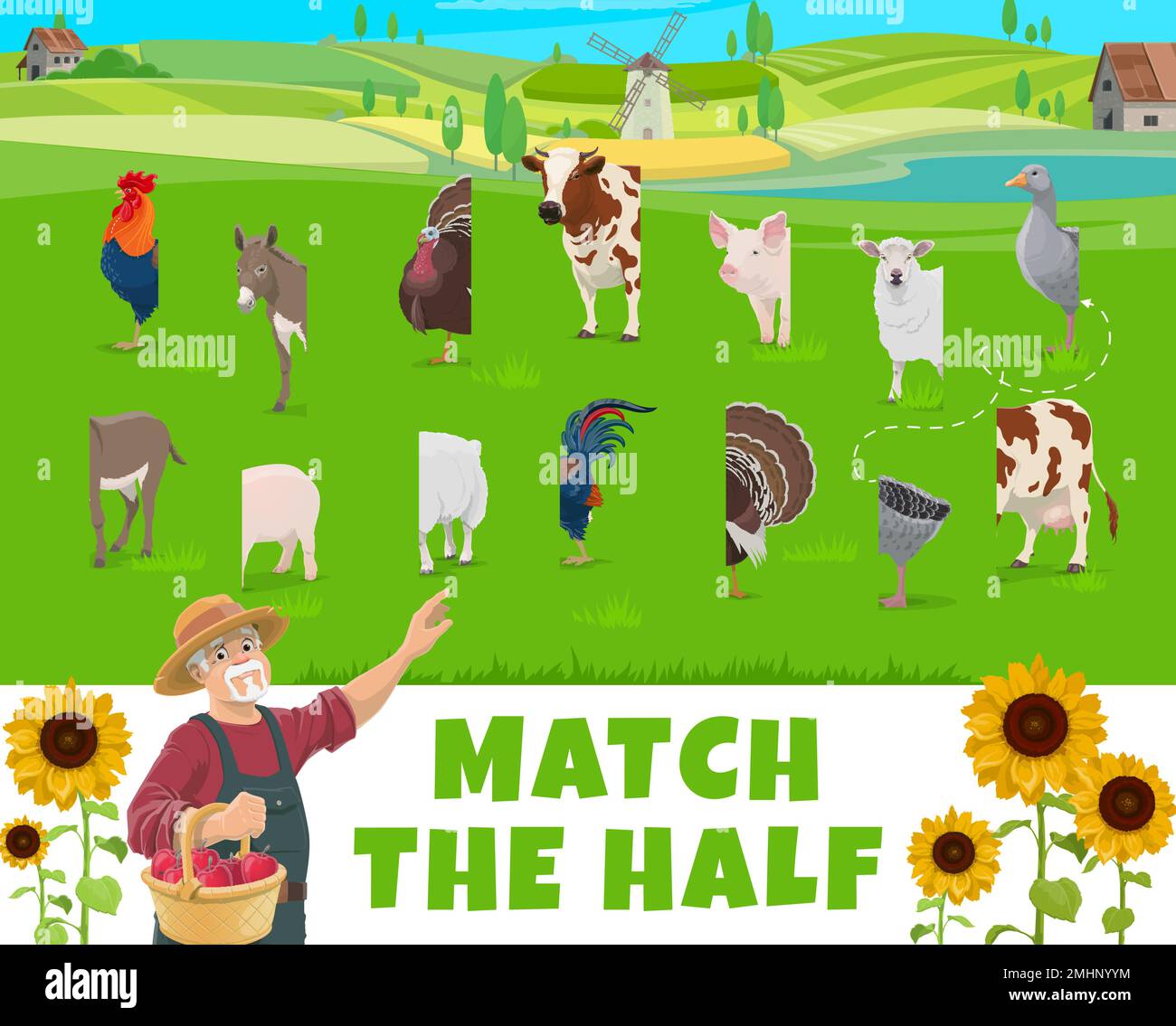 Match half of farm animals, game quiz worksheet, vector riddle. Picture ...
