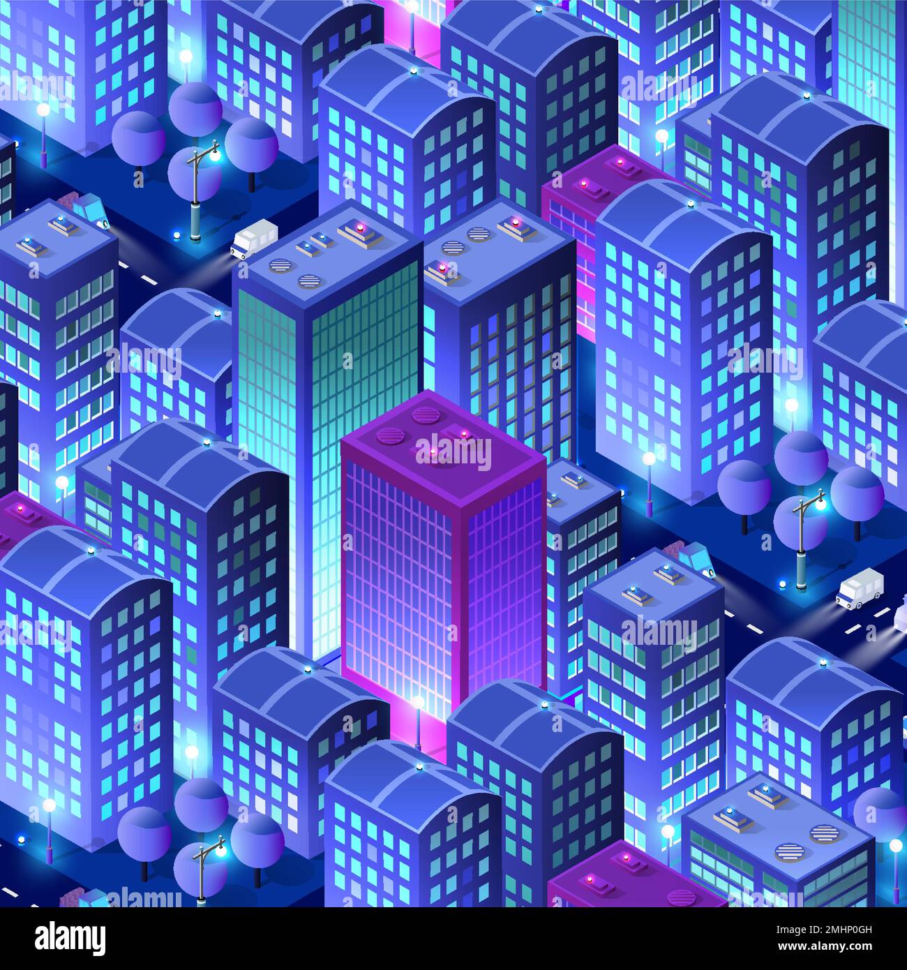 Residential town night city urban 3D illustration of neon ultraviolet ...