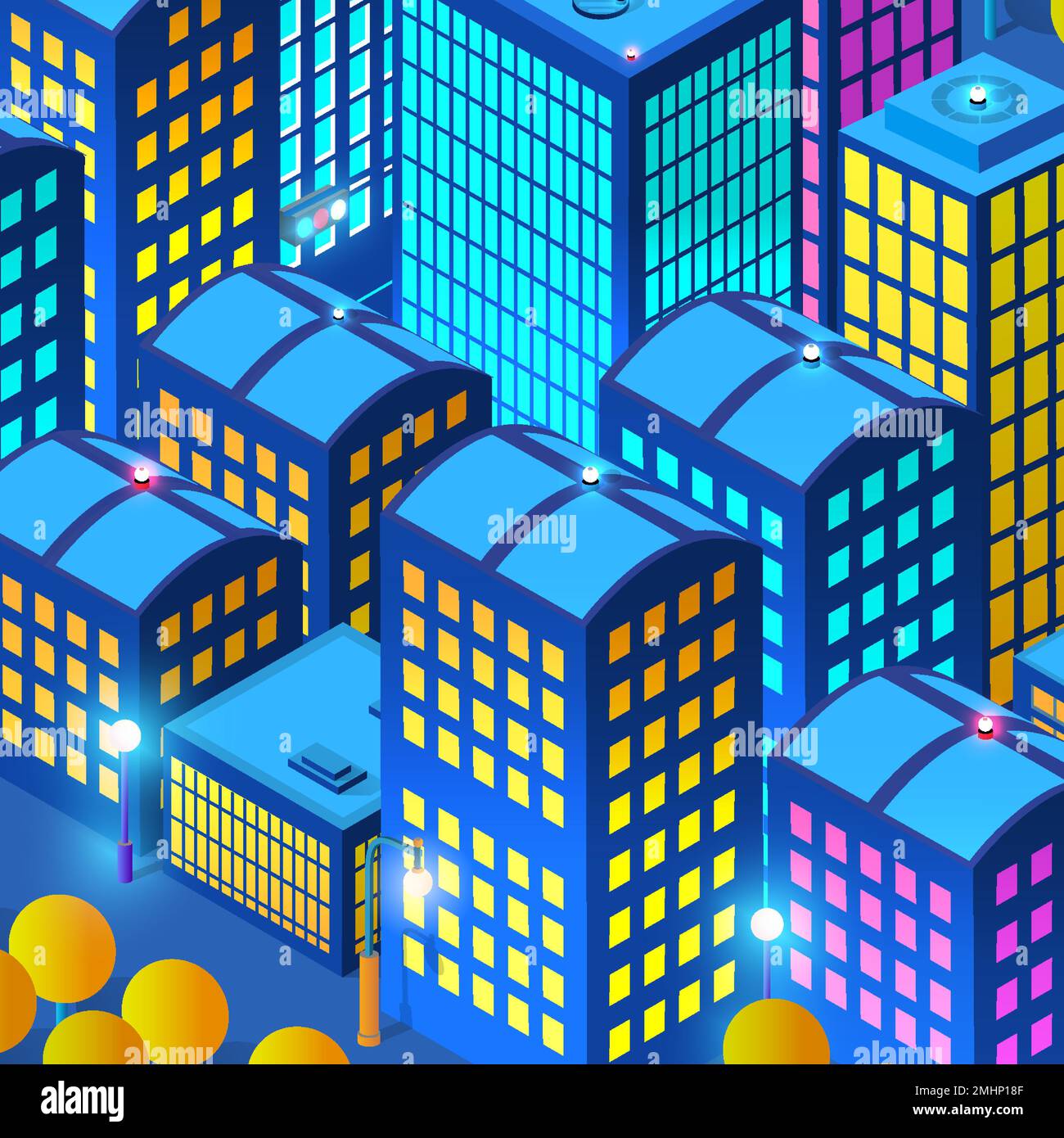 Residential town night city urban 3D illustration of neon ultraviolet ...