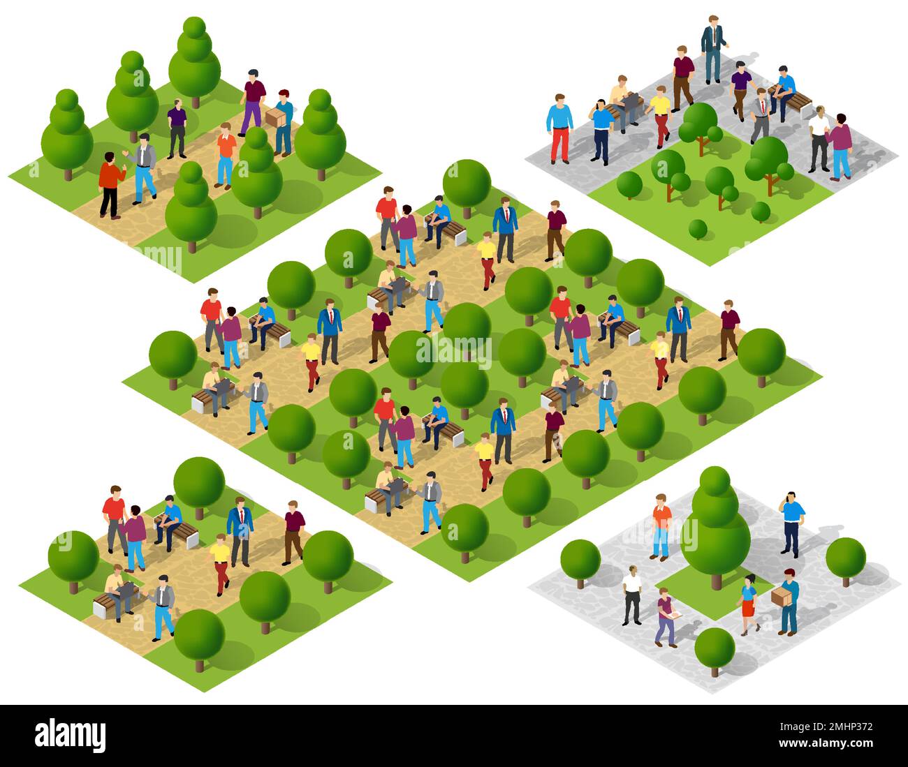 Scene set of city life. People walking and resting in the park of urban ... Scene set of city life. People walking and resting in the park of urban ...