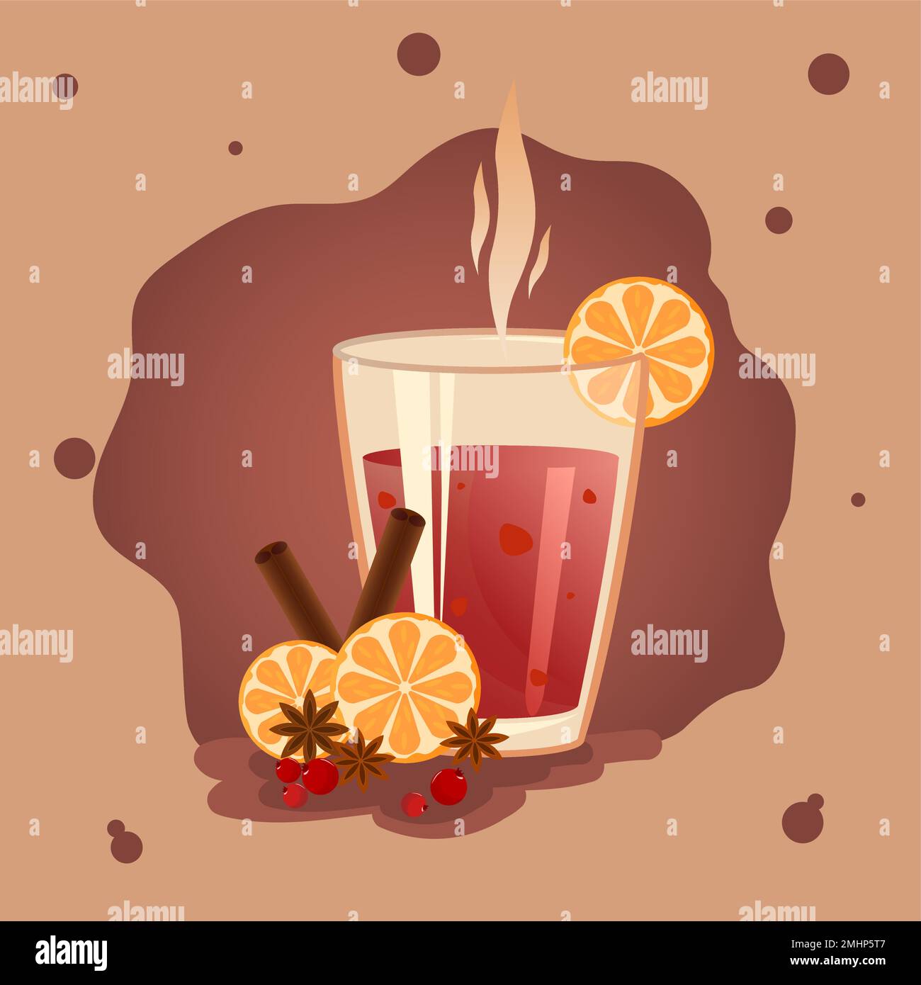Mulled wine in a glass with orange, cinnamon, badjan and berries. The ...