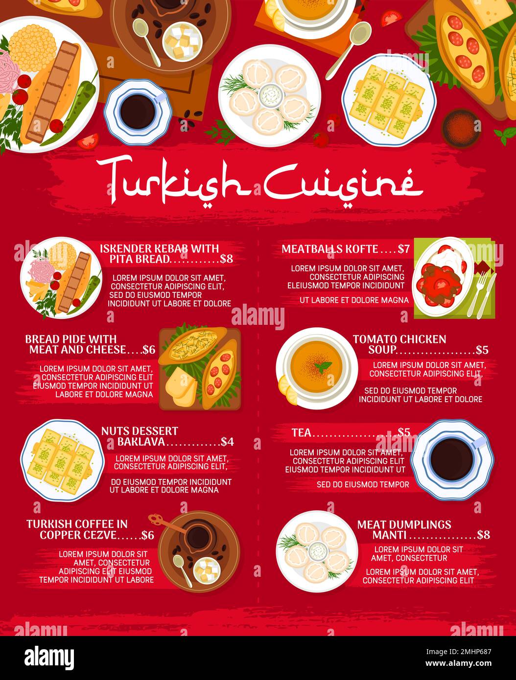 Turkish cuisine menu page design. Turkish coffee in copper cezve ...