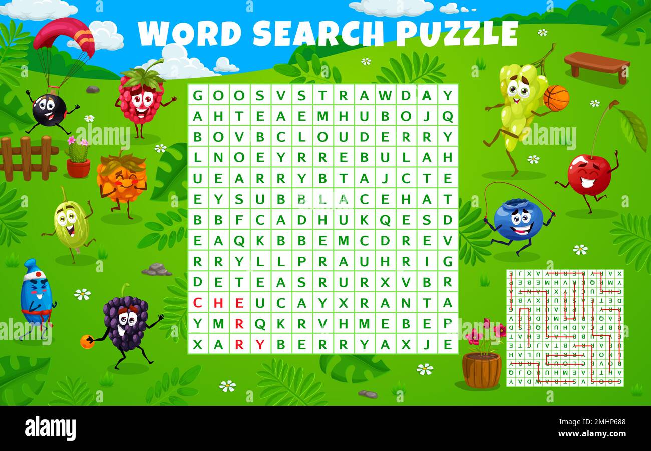 Cartoon berry characters on summer party, word search puzzle game ...