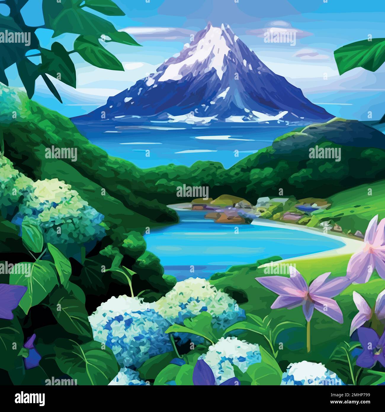 Beautiful landscape field flowers mountains Stock Vector Images - Alamy