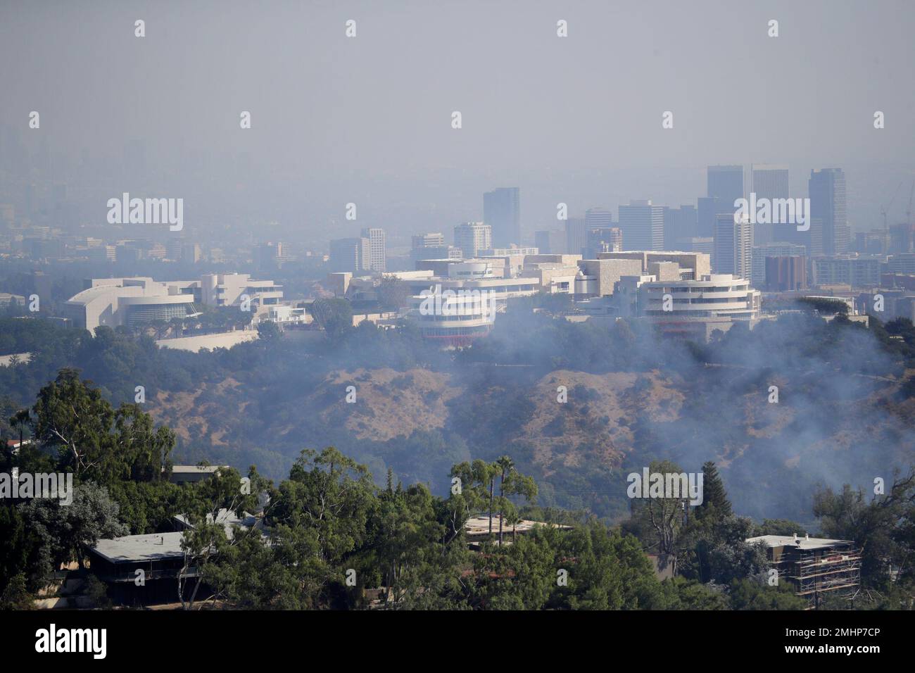 The Getty Center is covered in smoke as the Getty fire burns Monday ...