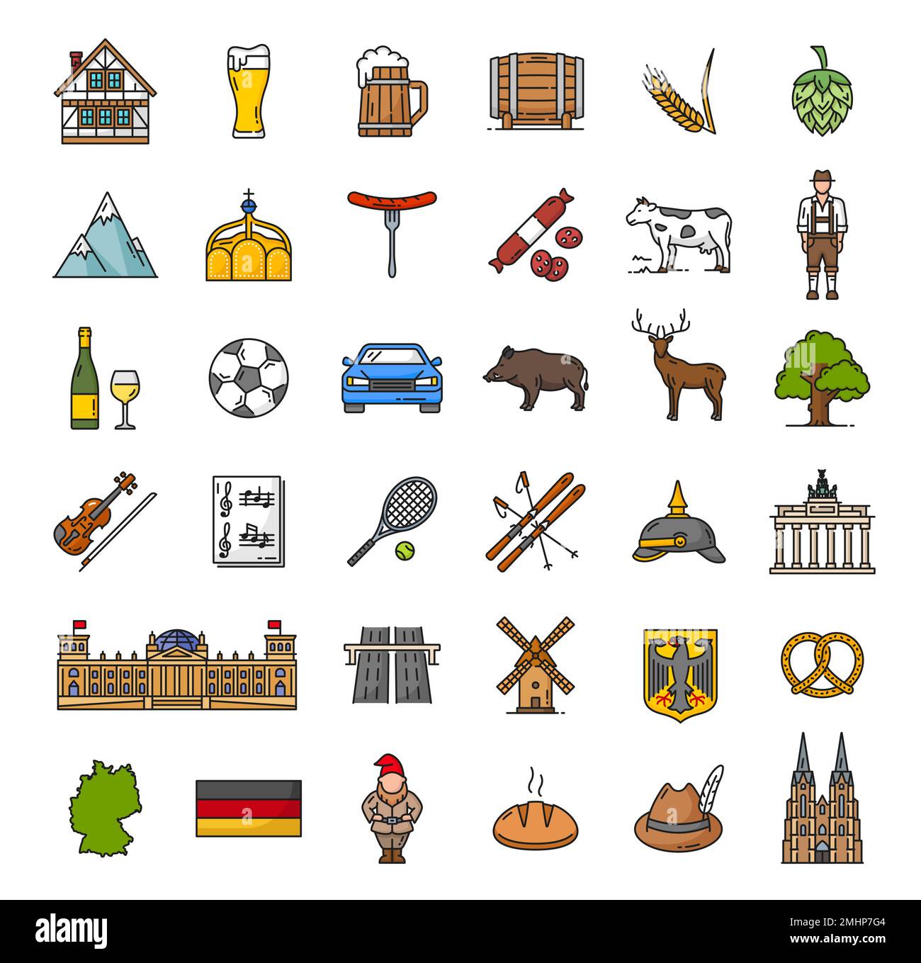 Color Germany landmarks, food, industry and travel outline icons ...