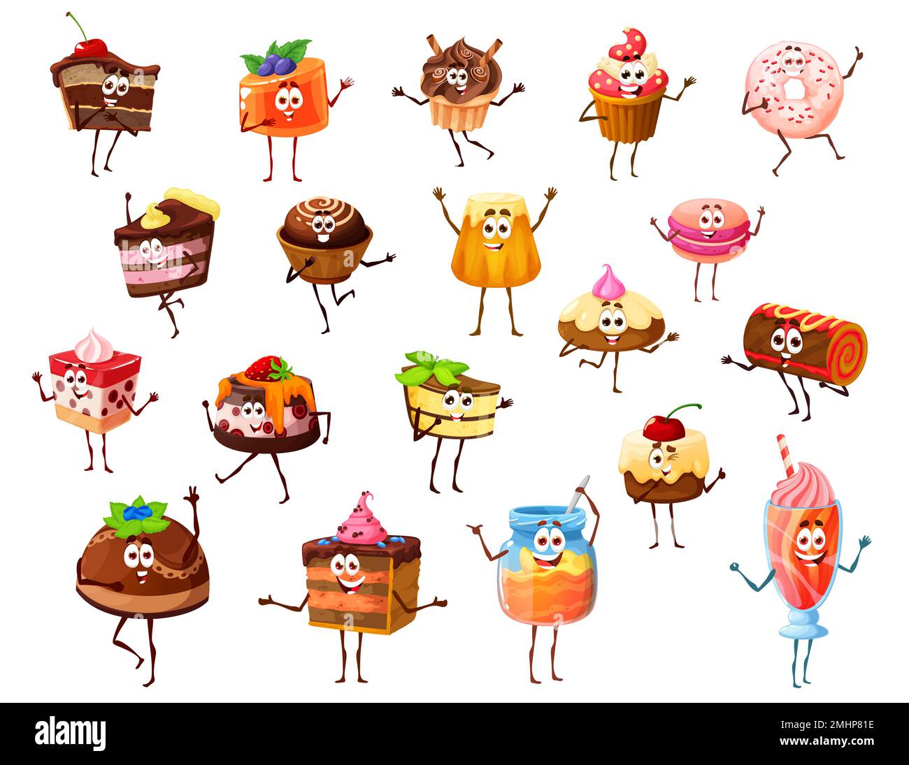 Cartoon cake, cupcake, jelly and cheesecake cheerful dessert characters ...