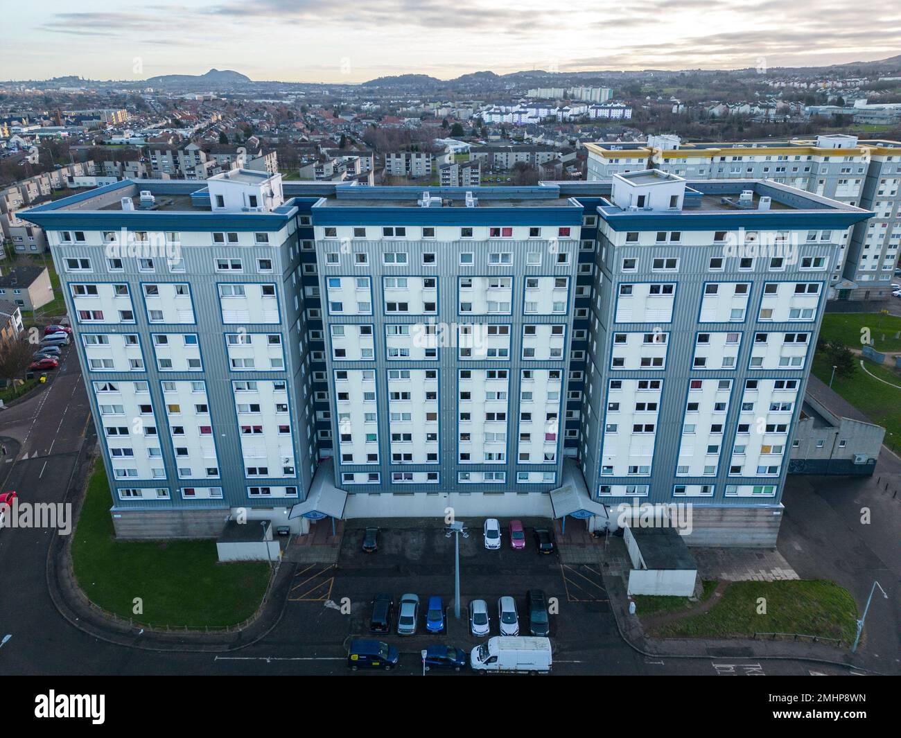 Aerial view of tower block in housing estate at Wester Hailes in ...