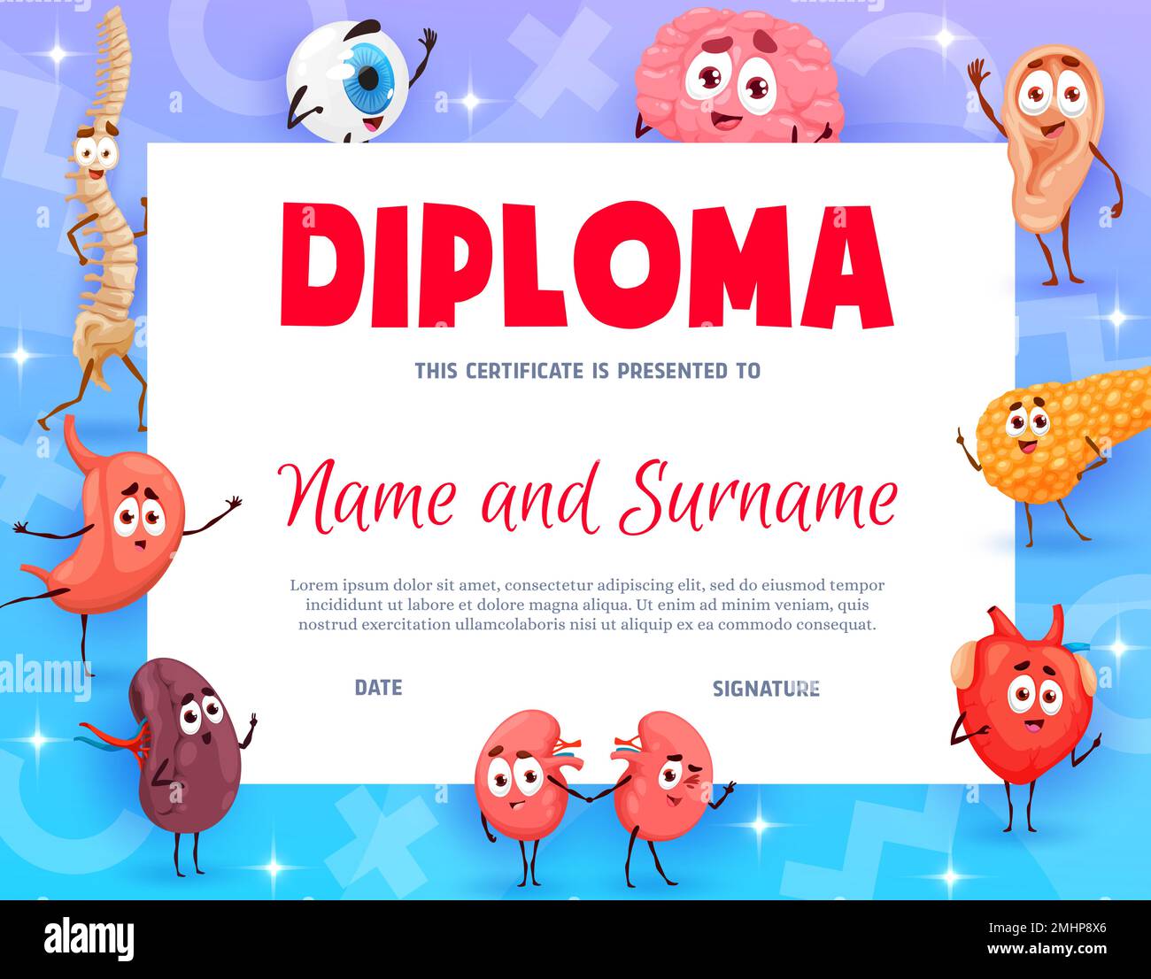 Kid diploma certificate of young doctor, cartoon funny human body ...