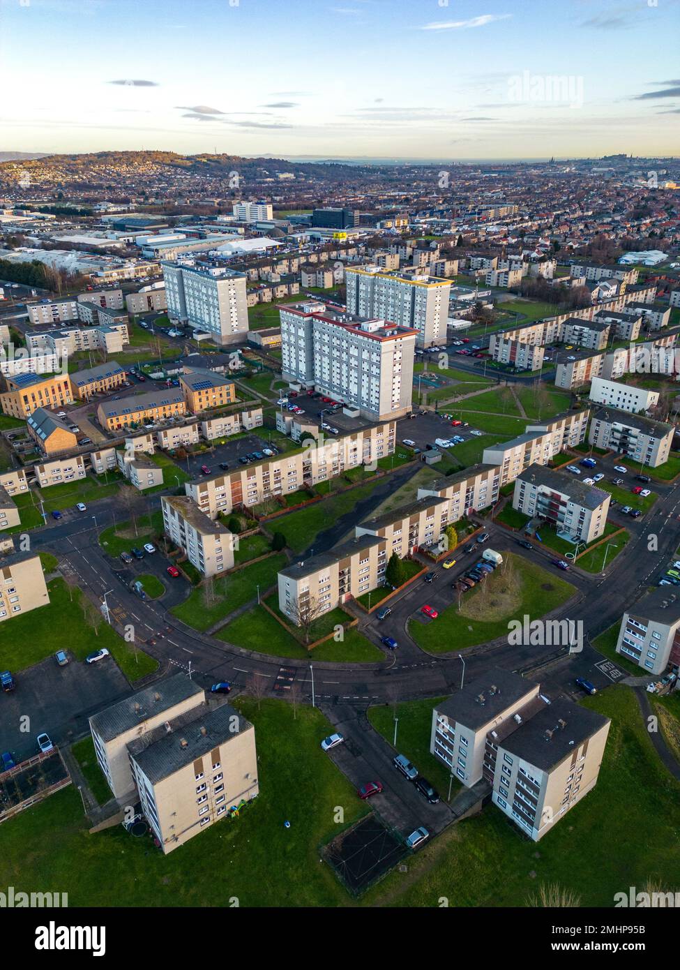 Aerial view of housing estate at Wester Hailes in Edinburgh, Scotland ...