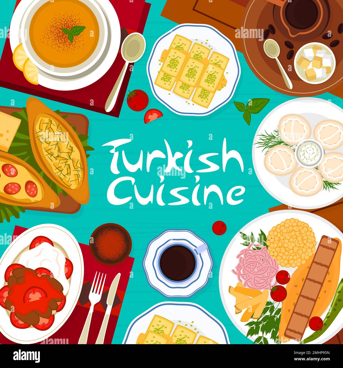 Turkish cuisine menu cover template. Meatballs Kofte, tea and Iskender ...