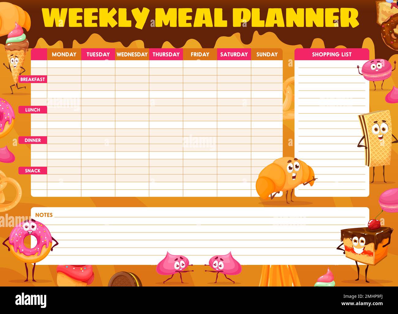 Weekly meal planner, cartoon bakery, sweets and dessert characters ...