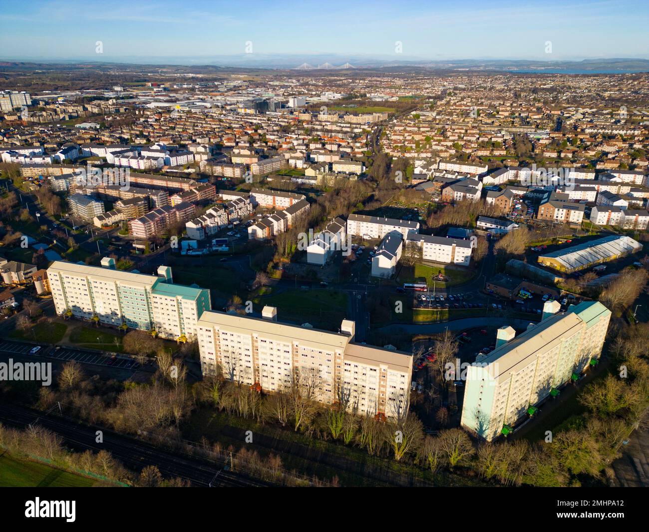 Aerial view of housing estate at Wester Hailes in Edinburgh, Scotland ...