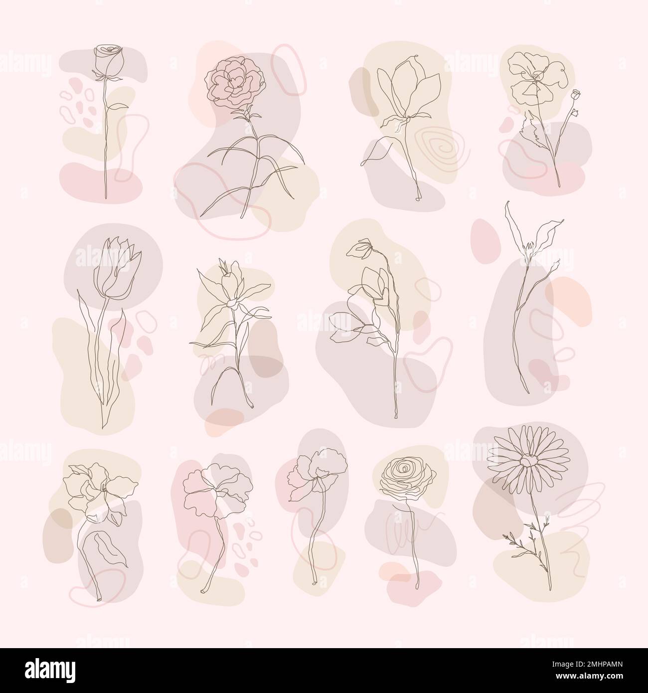 Flower hand drawn vector set single line art with pink memphis design Stock Vector Image & Art ...