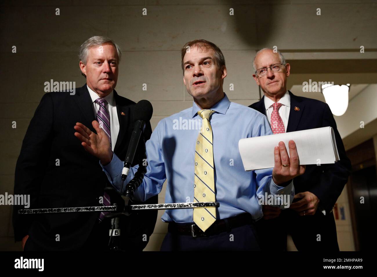 Rep. Jim Jordan, R-Ohio, center, speaks with members of the media after ...