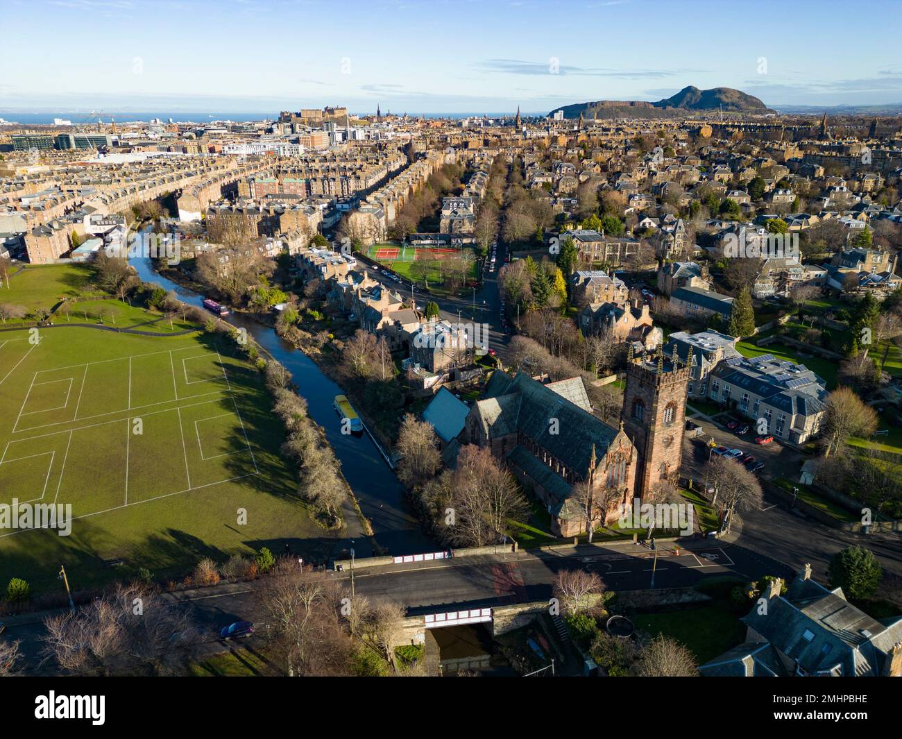 Aerial view from drone of Union Canal and Edinburgh skyline at ...