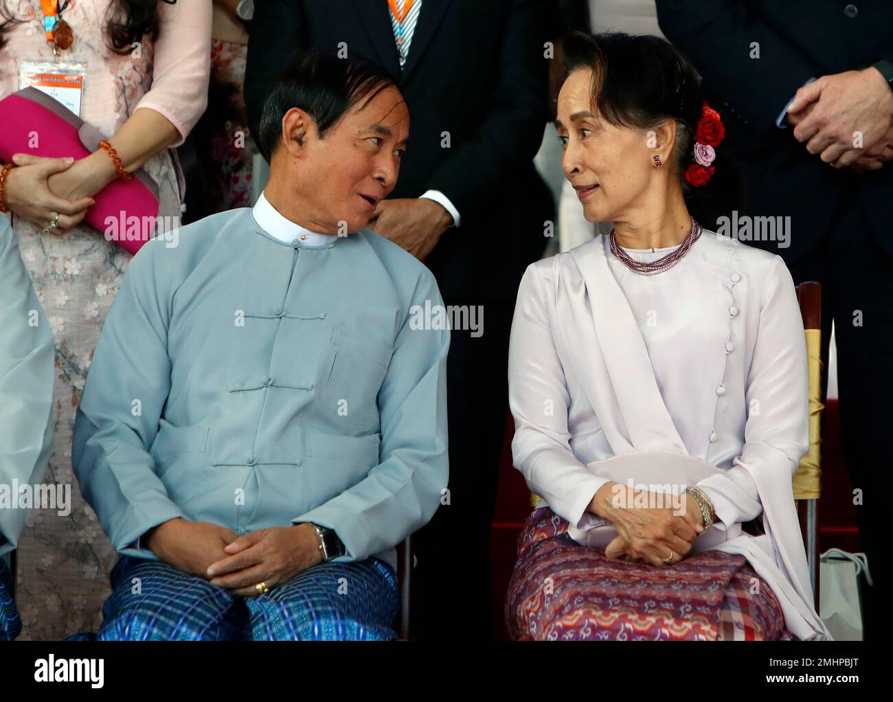 Myanmar's President Win Myint, left, speaks to Myanmar's leader Aung ...