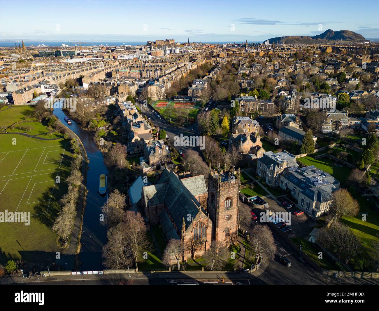 Aerial view from drone of Union Canal and Edinburgh skyline at ...