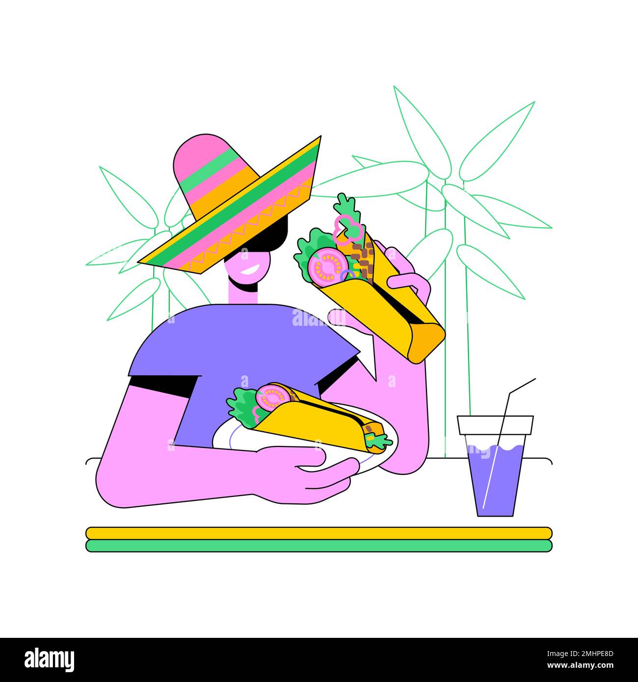 Mexican tacos isolated cartoon vector illustrations. Smiling man eating ...