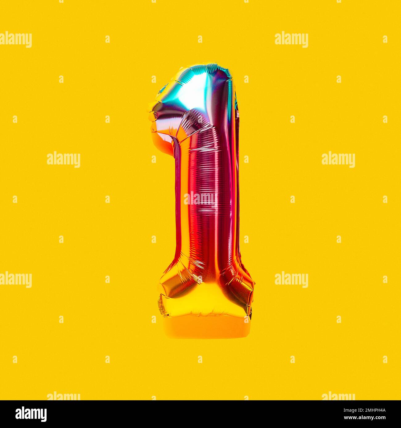 Rainbow foil balloon number, digit one. Top view. Colored numeral on ...