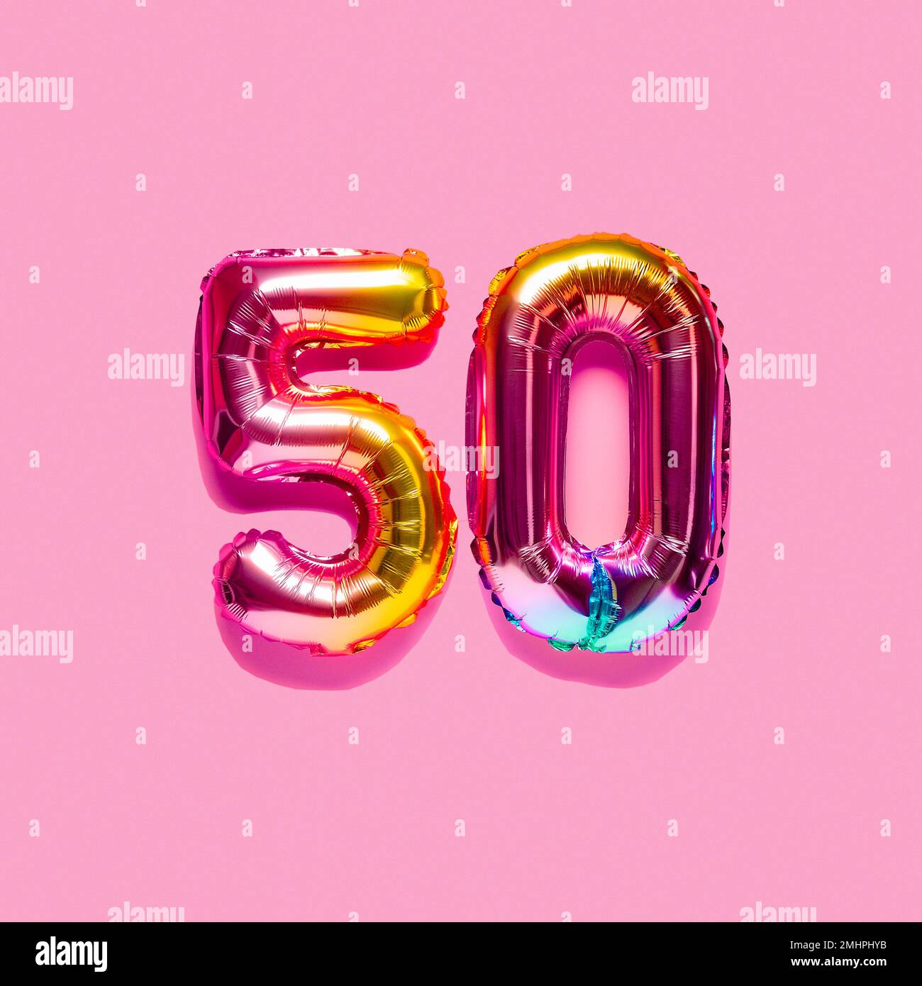 Rainbow foil balloon number, digit fifty. Top view. Colored numeral on ...