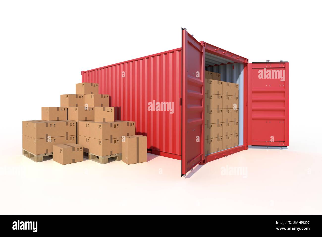Cargo container and cardboard boxes isolated on white background Stock ...