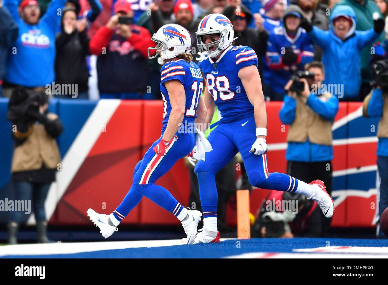 Buffalo Bills' Cole Beasley, left, and Dawson Knox reacts after Beasley ...