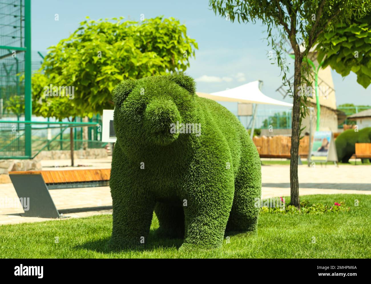 Beautiful bear shaped topiary at zoo on sunny day. Landscape gardening ...