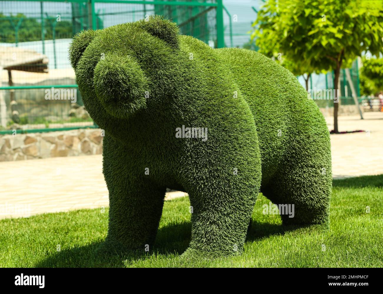 Beautiful bear shaped topiary at zoo on sunny day. Landscape gardening ...