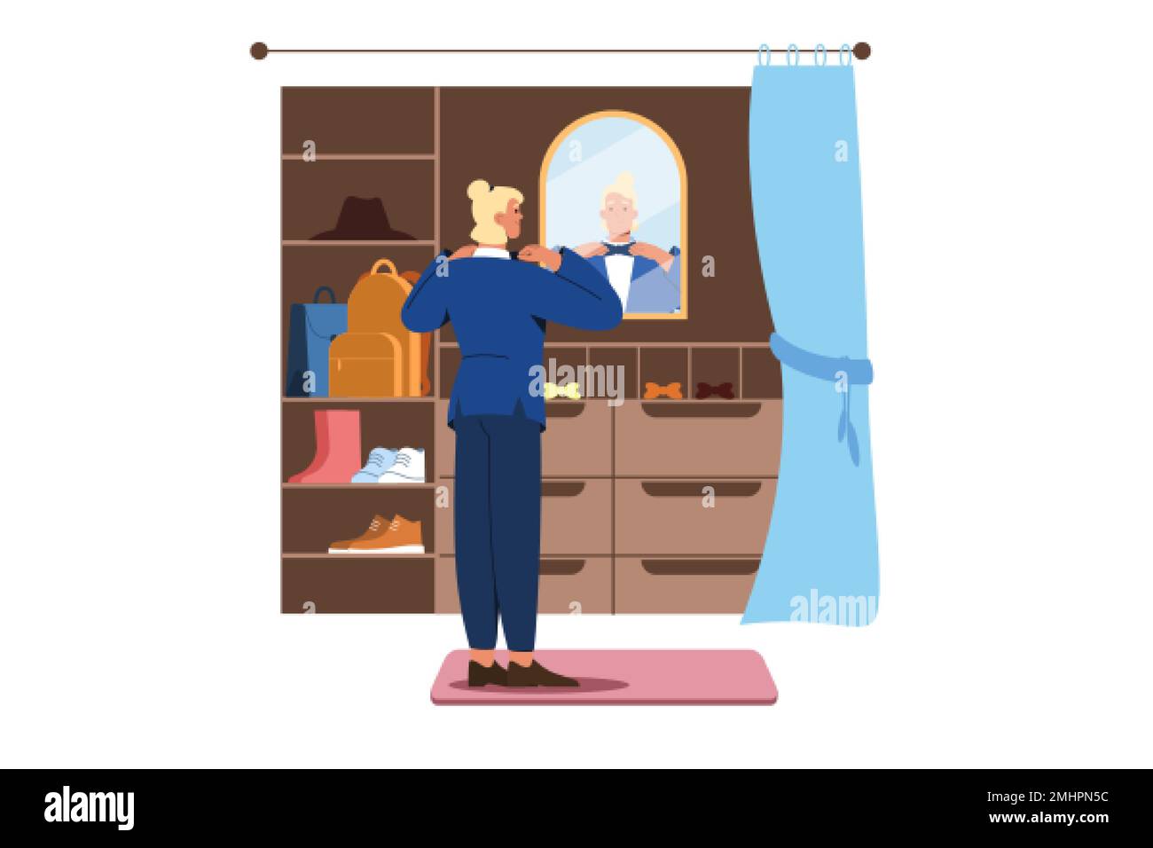 Flat man in wardrobe stand in front of mirror and choose butterfly tie ...