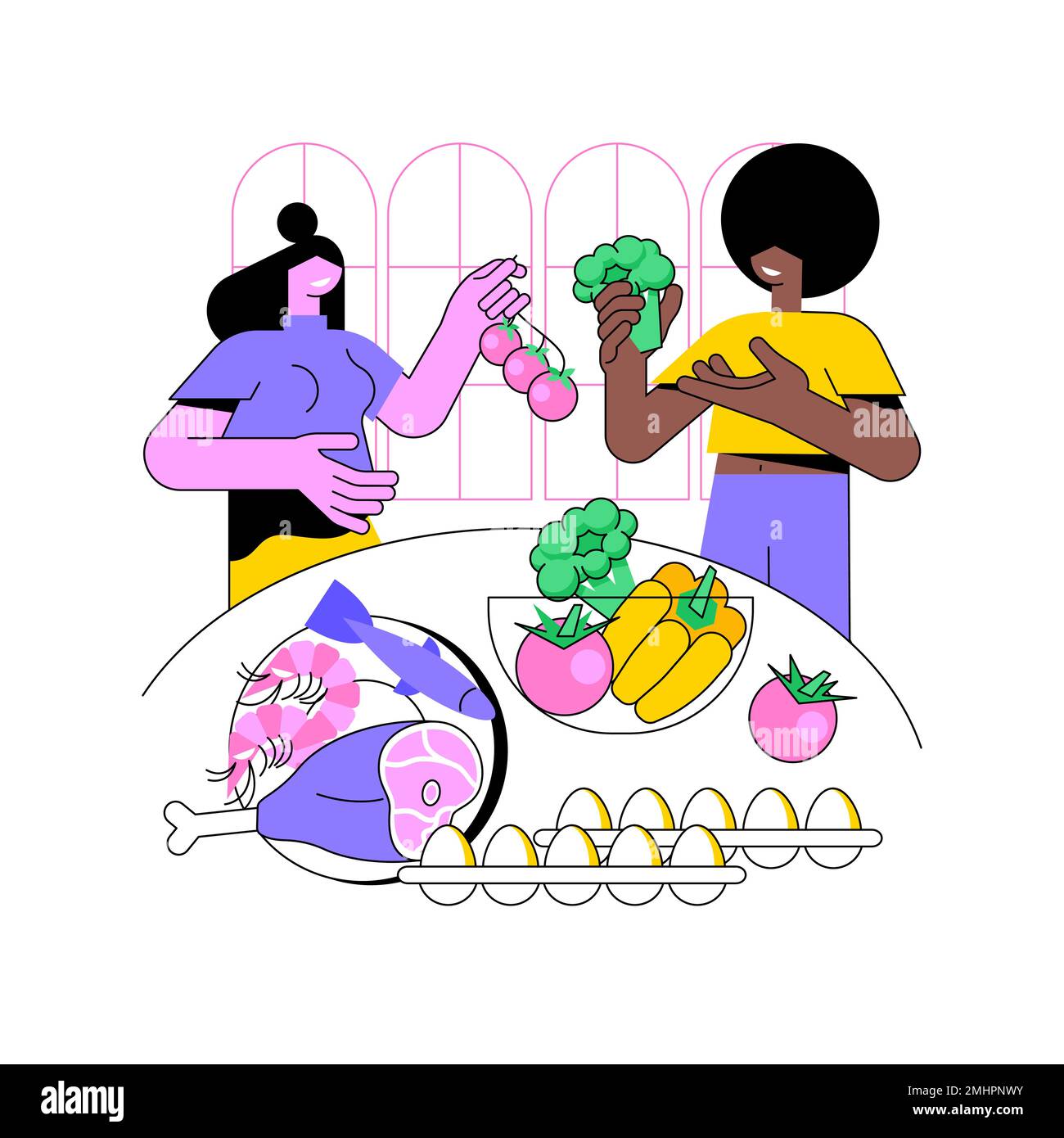 Paleo diet isolated cartoon vector illustrations. Cheerful friends ...