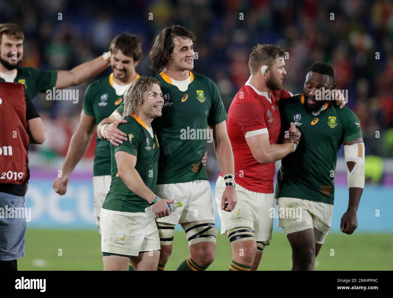 South Africa's Faf de Klerk, left, and South Africa's Franco Mostert ...