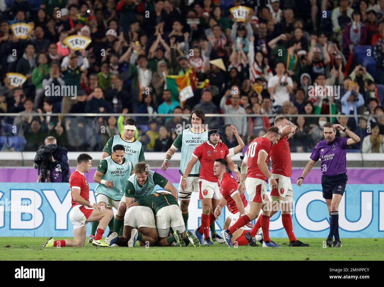 South African subs celebrate after Damian de Allende, bottom center ...