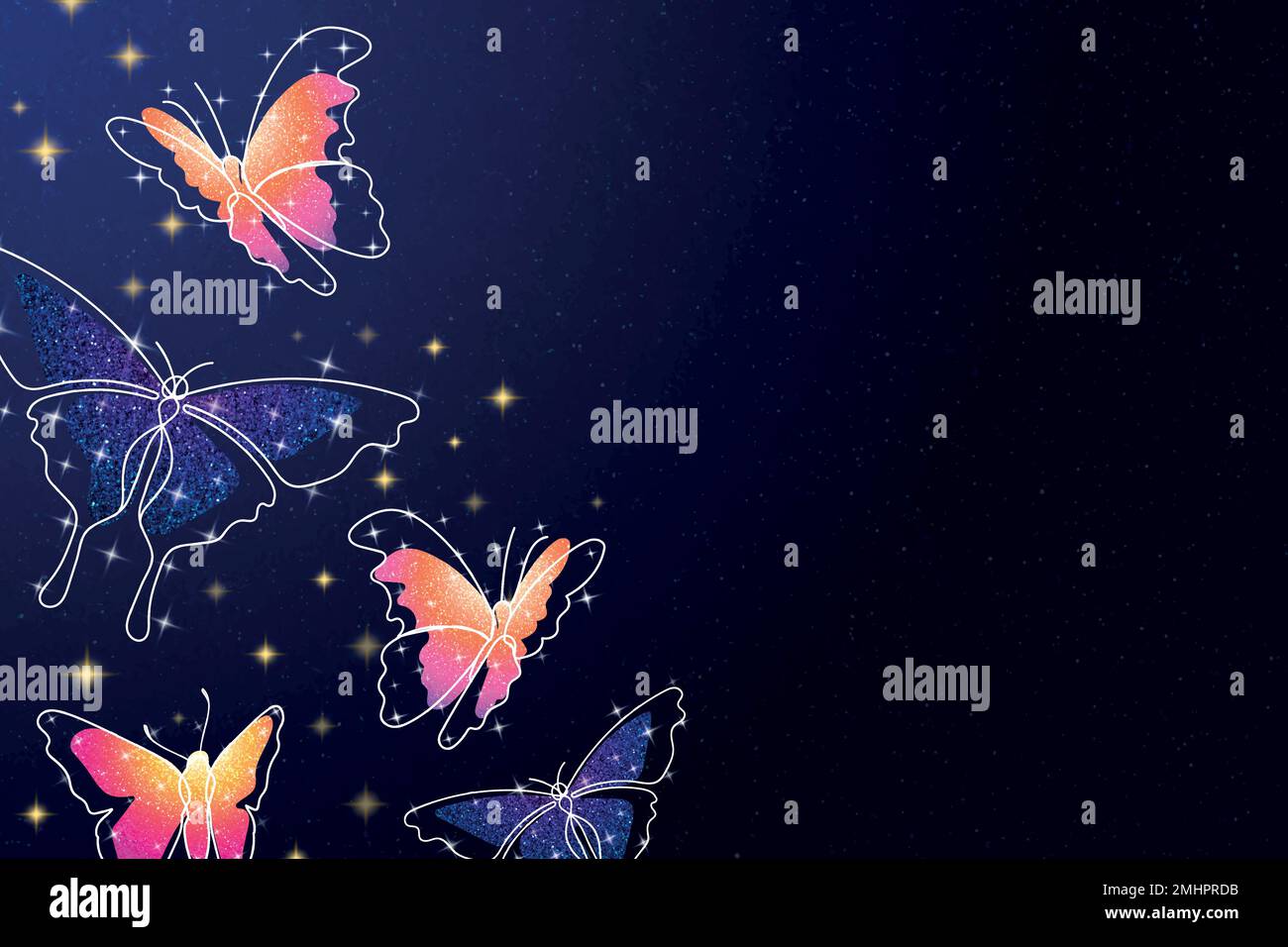 Sparkly butterfly background, aesthetic violet border, vector animal ...