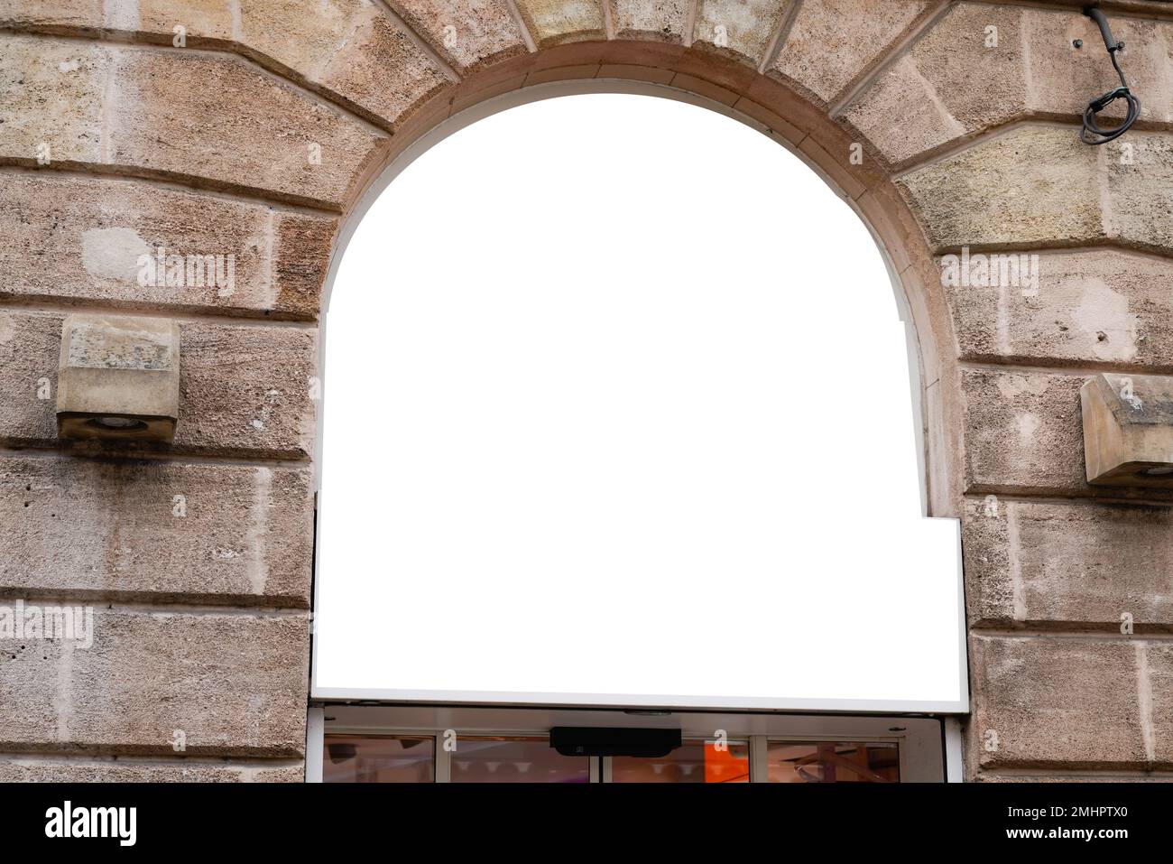 Wall with blank round stone signage empty banner ready for business ...