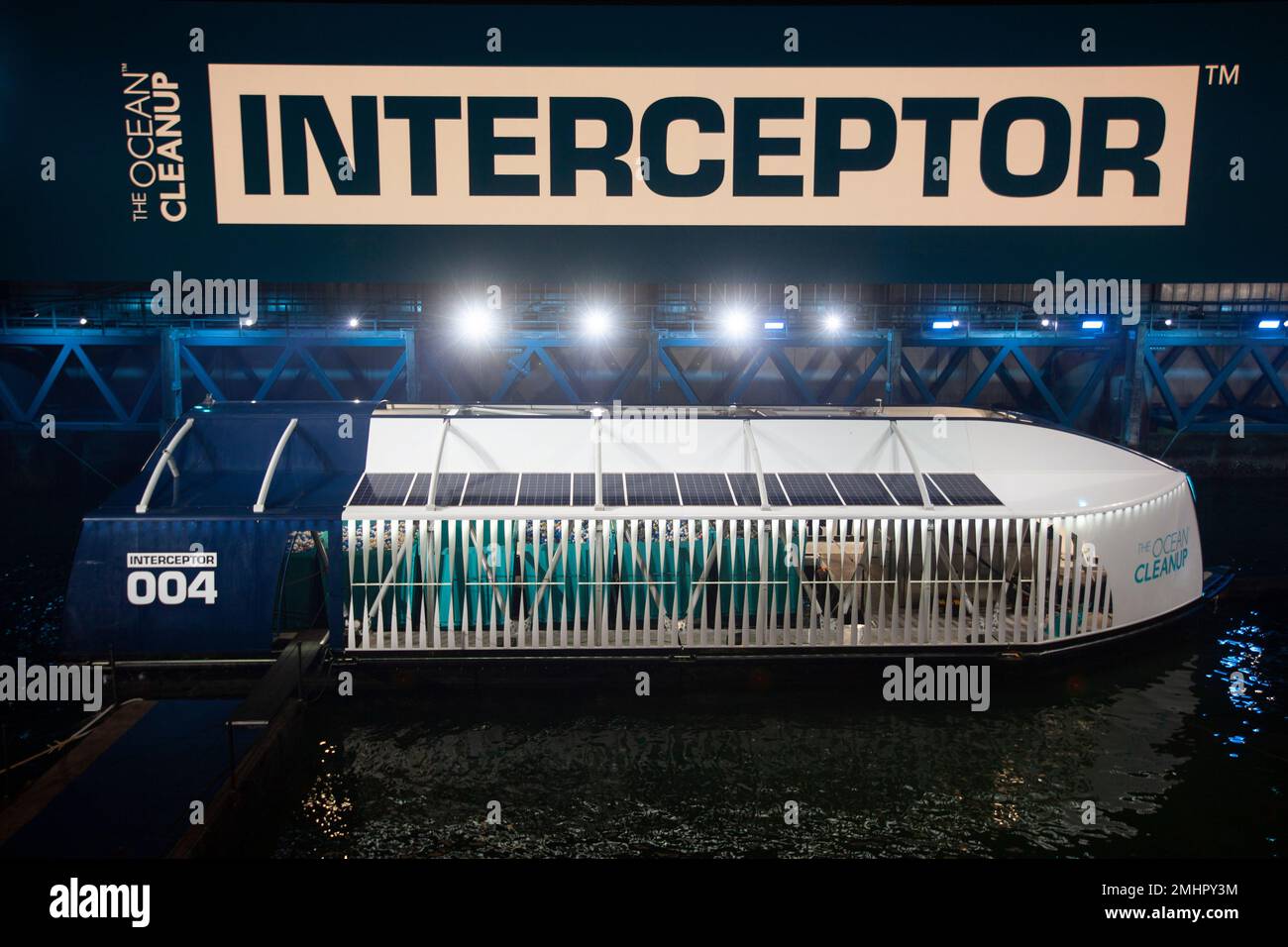 The Interceptor, a new garbage-collecting floating device is moored at ...