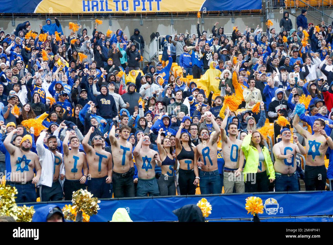 Fans in the Pittsburgh students section have "Pitts Strong" painted ...