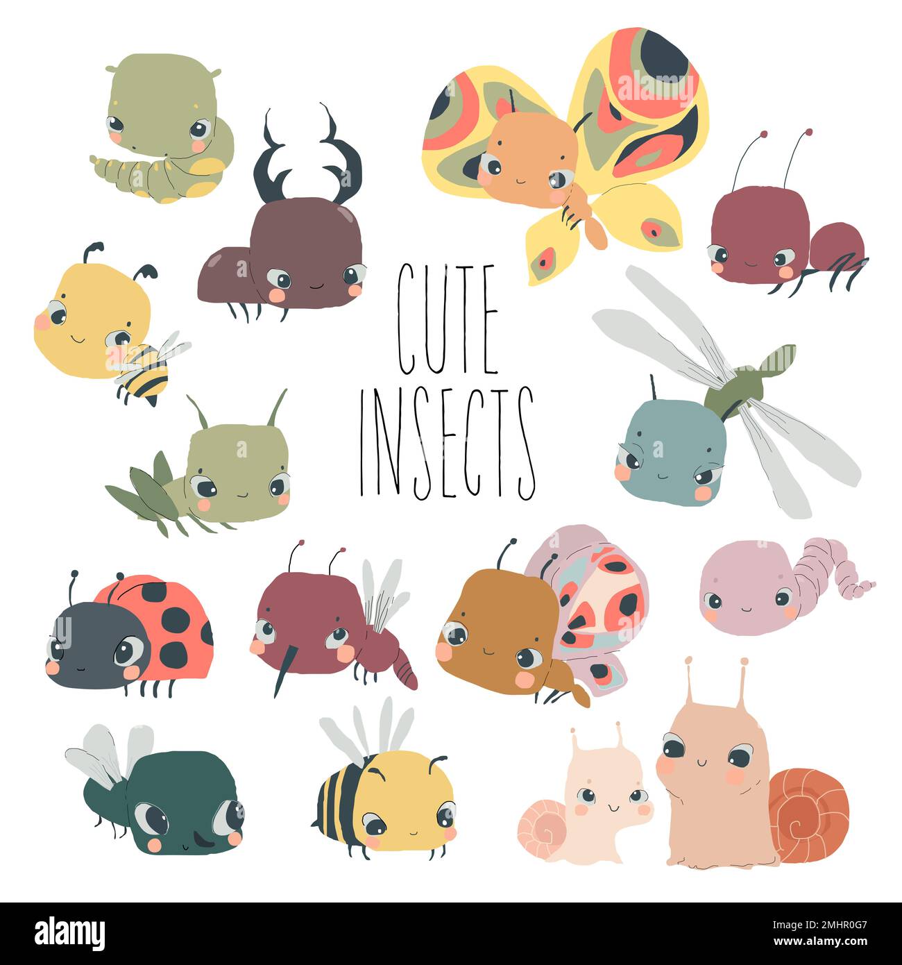 Cartoon Set with Cute Baby Insects on White Bckground Stock Vector ...