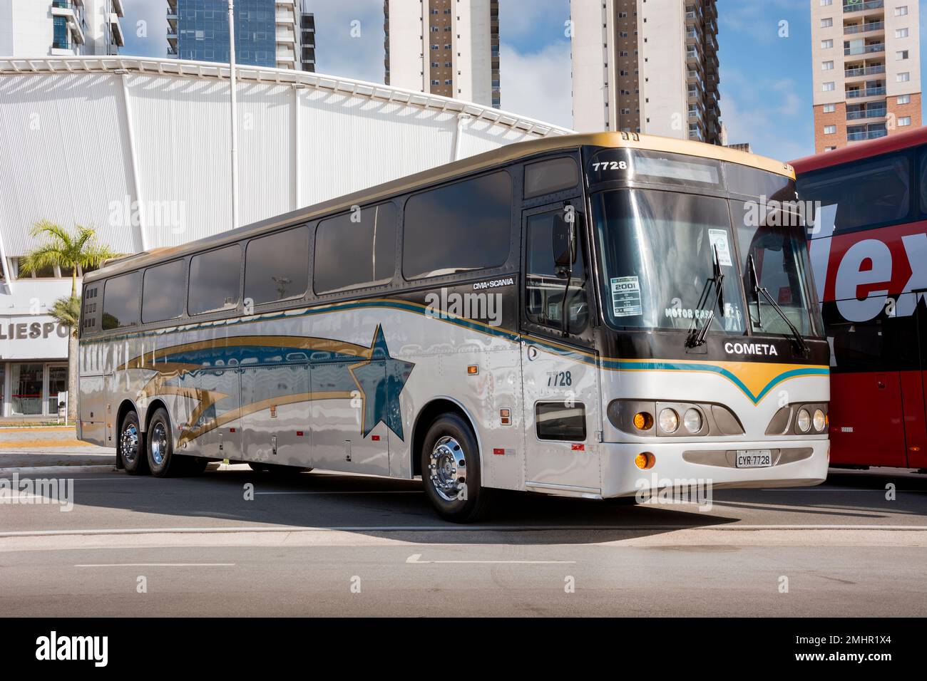 Bus vehicle CMA Cometa Scania K124 IB 2001 on display at Bus Brasil ...