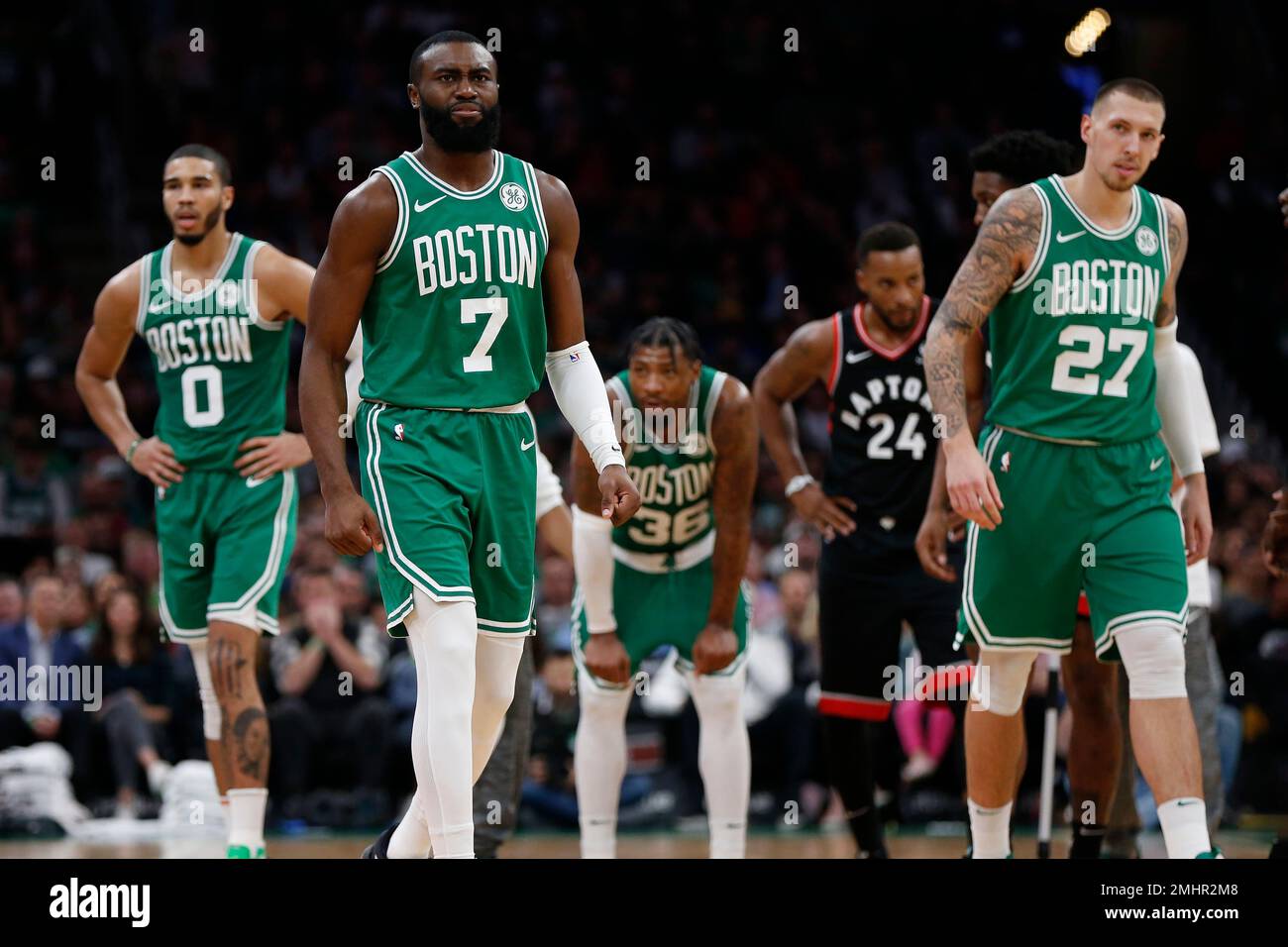 Boston Celtics' Jaylen Brown (7) on the court with teammates Jayson ...