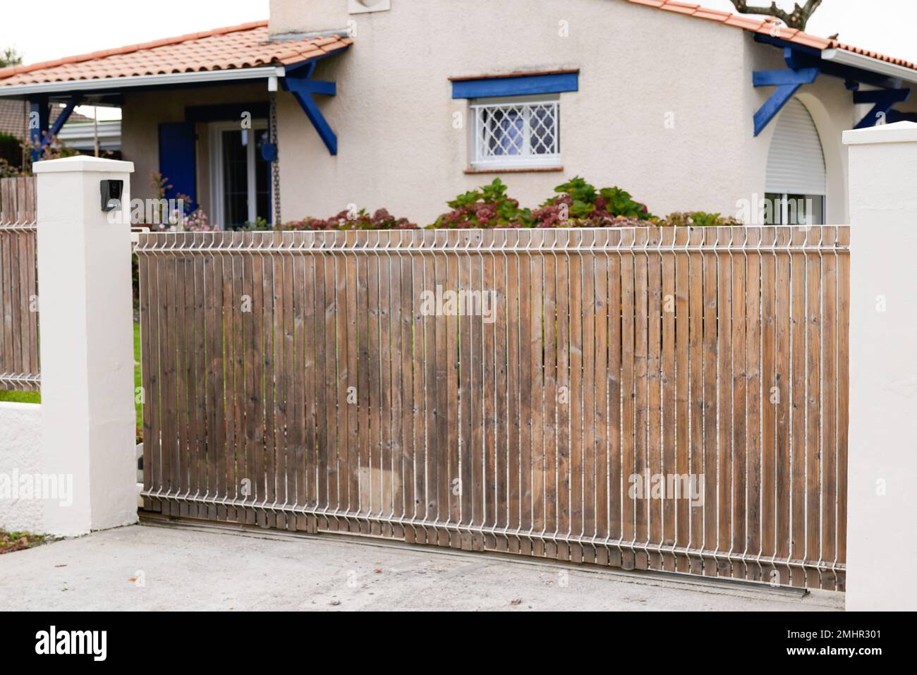 Brown wood portal natural wooden gate of private house in suburb Stock ...