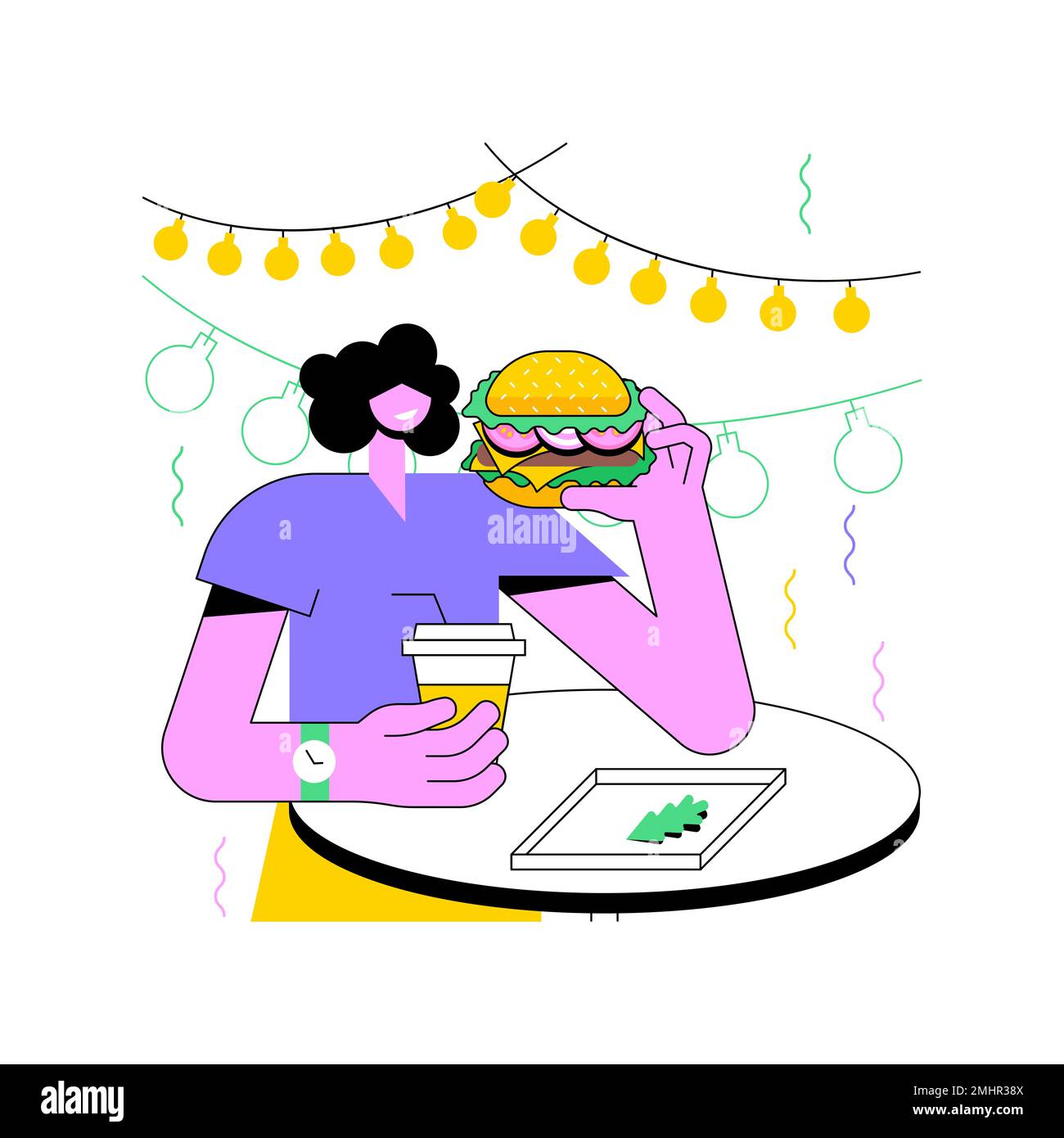 Yummy burger isolated cartoon vector illustrations. Young girl eating ...