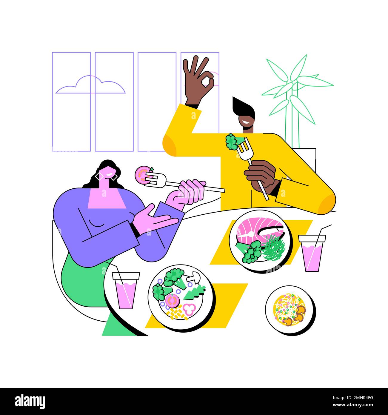 Vegetarian meal isolated cartoon vector illustrations. People eating ...