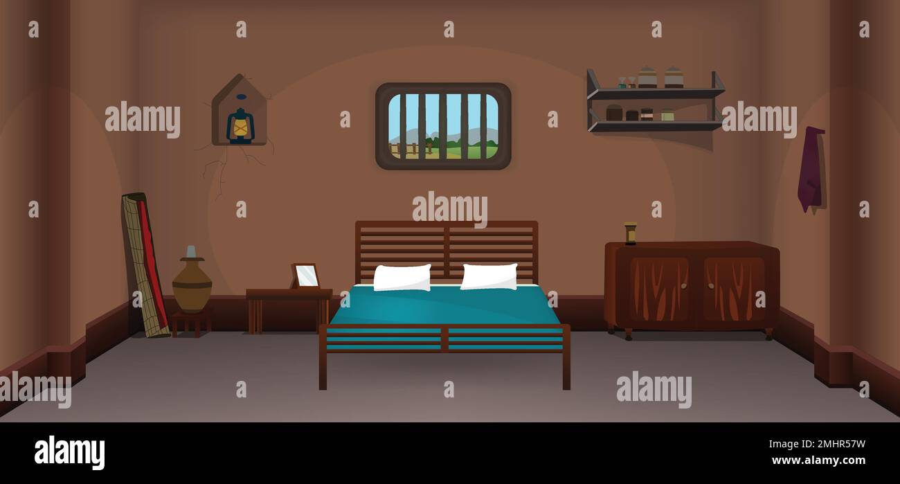 Village room inside cartoon background vector, poor room interior ...