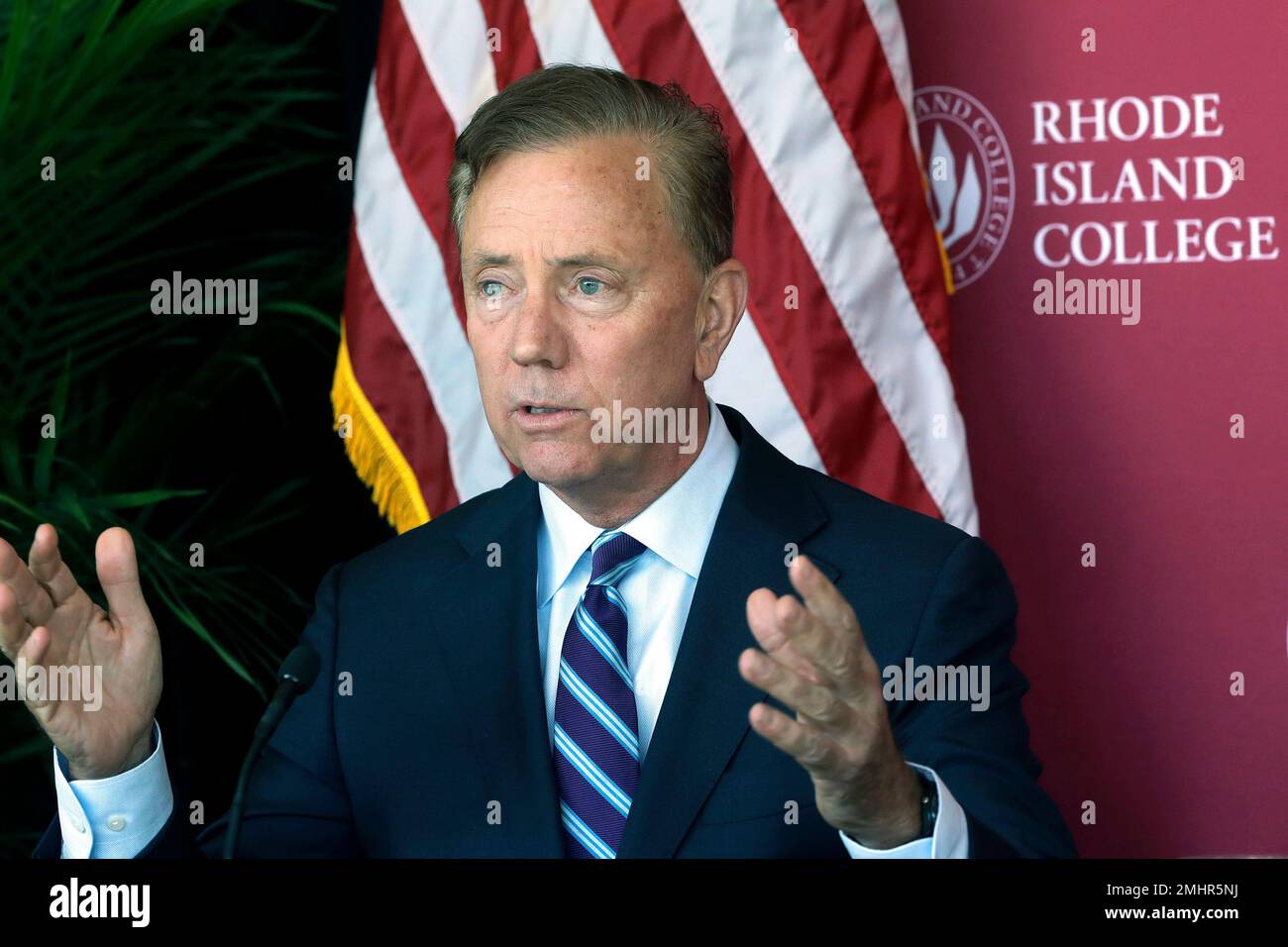 Connecticut Gov. Ned Lamont speaks to the media after a private meeting ...