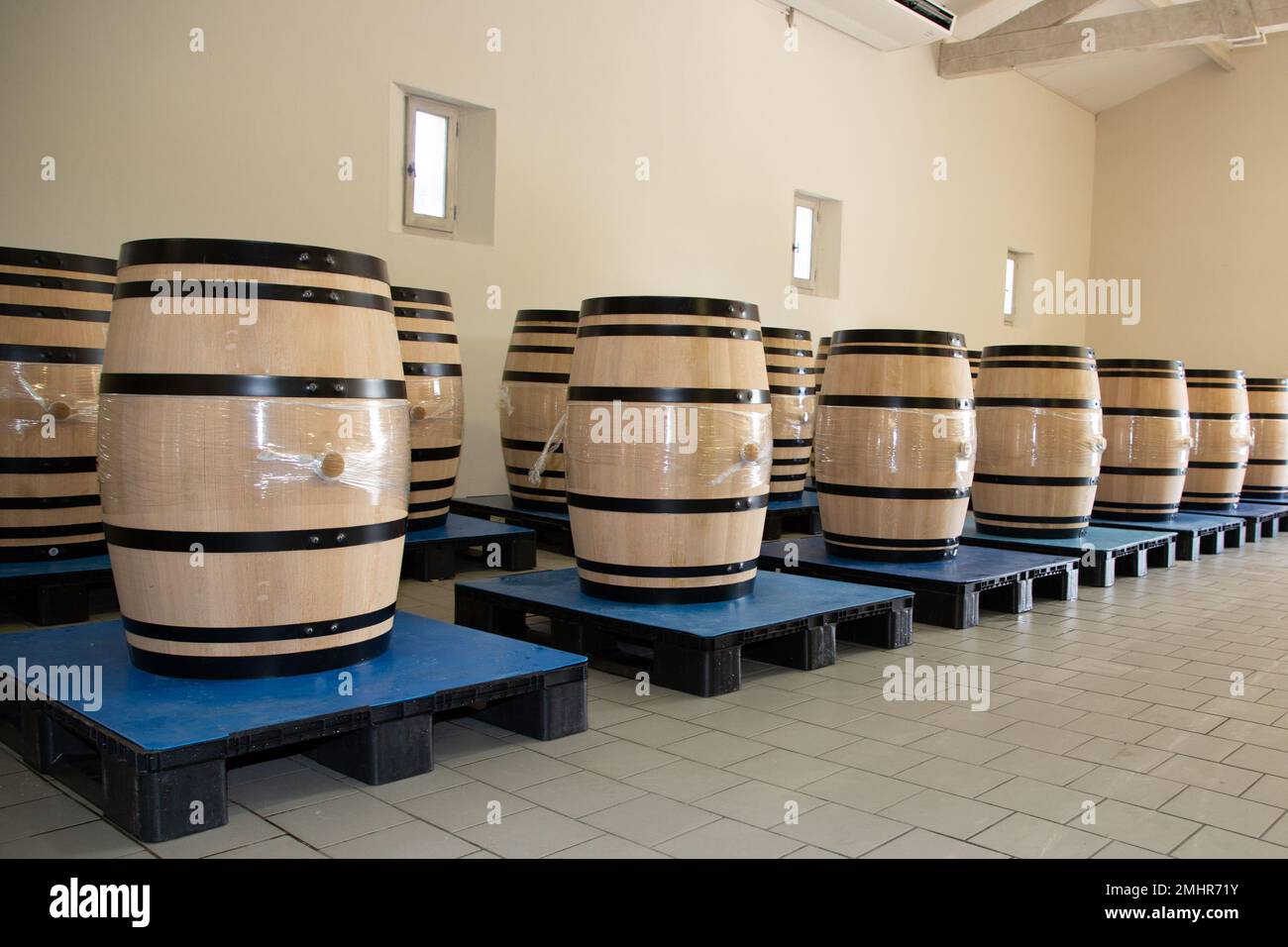 saint-emilion oak wooden barrels in harvest Bordeaux wine cellar Stock ...