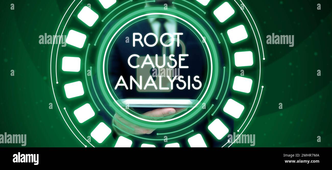 Text sign showing Root Cause Analysis. Word for Method of Problem Solving Identify Fault or ...